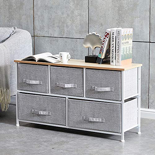 4HOMART Drawer Dresser Closet with 5 Easy Pull Fabric Drawers Organizer Unit Storage with Sturdy Steel Frame Wood Top for Bedroom Hallway Entryway Use
