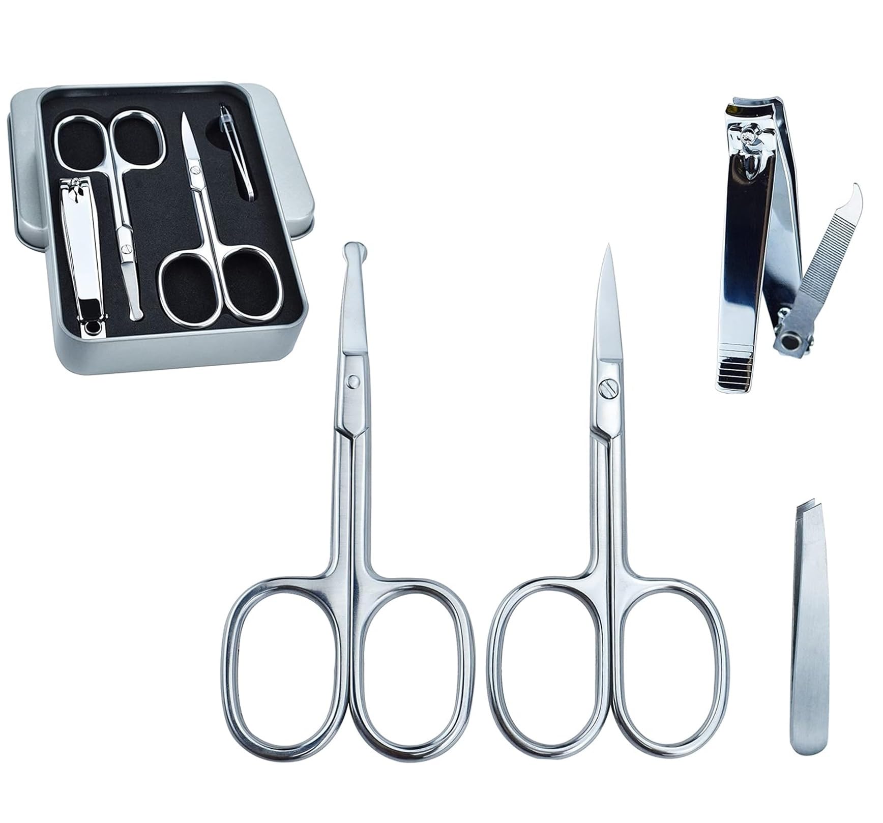 5Pcs Beauty Grooming Eyebrow Scissor Men Women Facial Nose Hair Scissor Curved Round Blunt Mustache Beard Manicure Pedicure Trimmer Set Stainless Steel Slant Tweezers Nail Clipper Pet Dog Scissor Kit