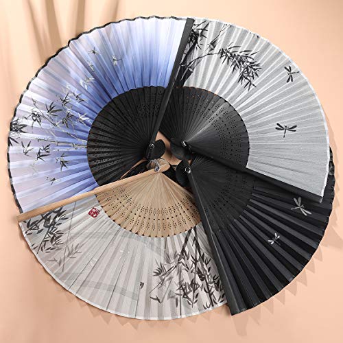 BABEYOND 4pcs Chinese Style Bamboo Folding Hand Fan Vintage Handheld Silk Folding Fan with Different Patterns Fringe Folding Fan for Wedding Dancing Party