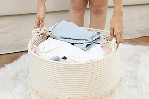 18" x 15" Large Woven Storage Baskets, Cotton Rope Decorative Hamper for Clothes, Blankets, and Laundry, Cute Tassel Decor - Home Storage Container - All White