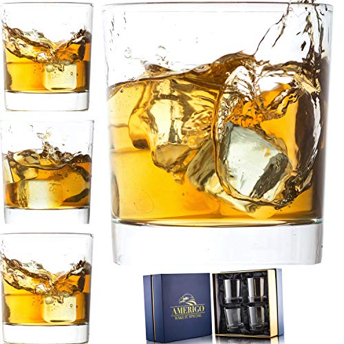 Amerigo Crystal Whiskey Glass Set of 4 in Luxury Gift Box - Heavy Base Old Fashioned Whiskey Glasses 12oz for Scotch - Whisky Gift for Men - Bourbon Glass Tumblers - Fathers Day Gift - Home Bar Set