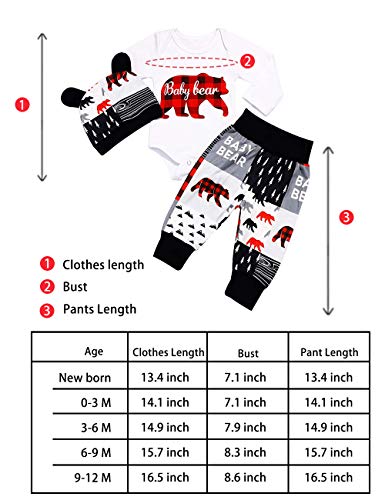 HKALL Newborn Infant Baby Boy Girls Clothes Fall Outfits Baby Bear Romper Long Pants Hat 3PCS Christmas Bodysuit Set