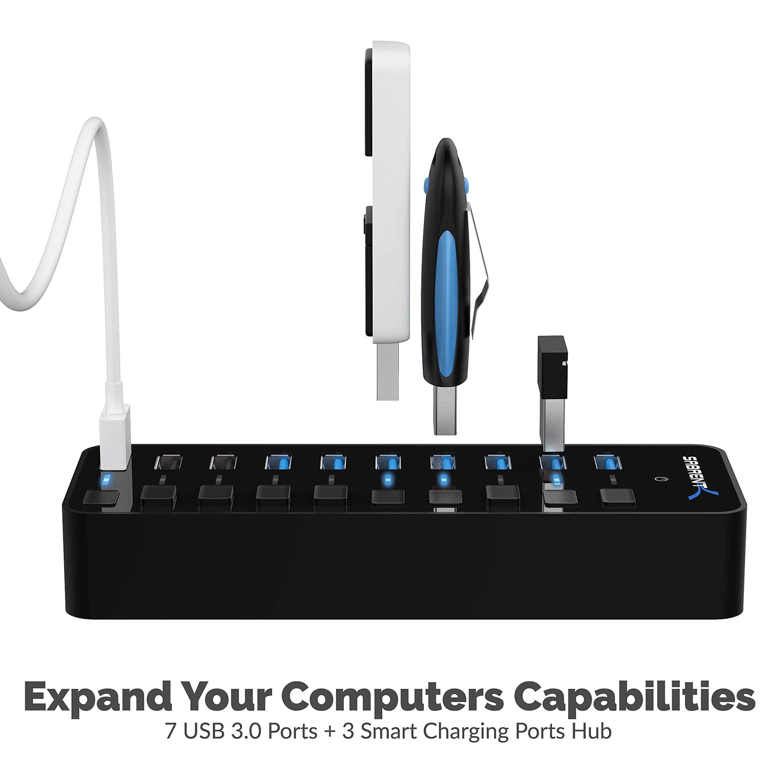 60W 10 Port USB 3.0 Hub Includes 3 Smart Charging Ports with Individual Power Switches and LEDs and 60W 12V/5A Power Adapter+USB 3.0 Micro SD and SD Card Reader