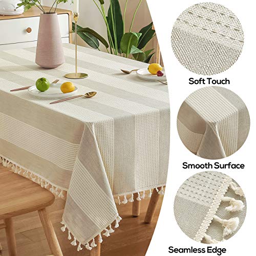 AmHoo Stitching Tassel Tablecloth Striped Table Cloth Rectangle Cotton Linen Dust-Proof Table Cover for Kitchen Dinning 54 x 70 Inch Beige