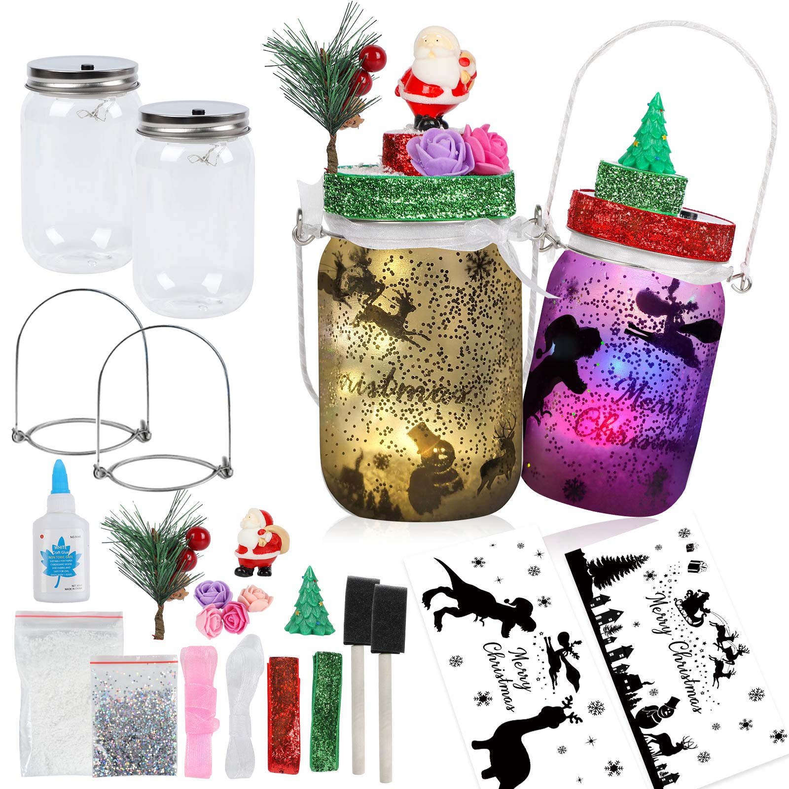2 Pack Christmas Jar Lantern Craft Kit for Kids, Arts and Crafts DIY Musical Fairy Night Light Santa Elk Lamp Birthday Supplies Gift Xmas Christmas Stocking for Home Garden Decor