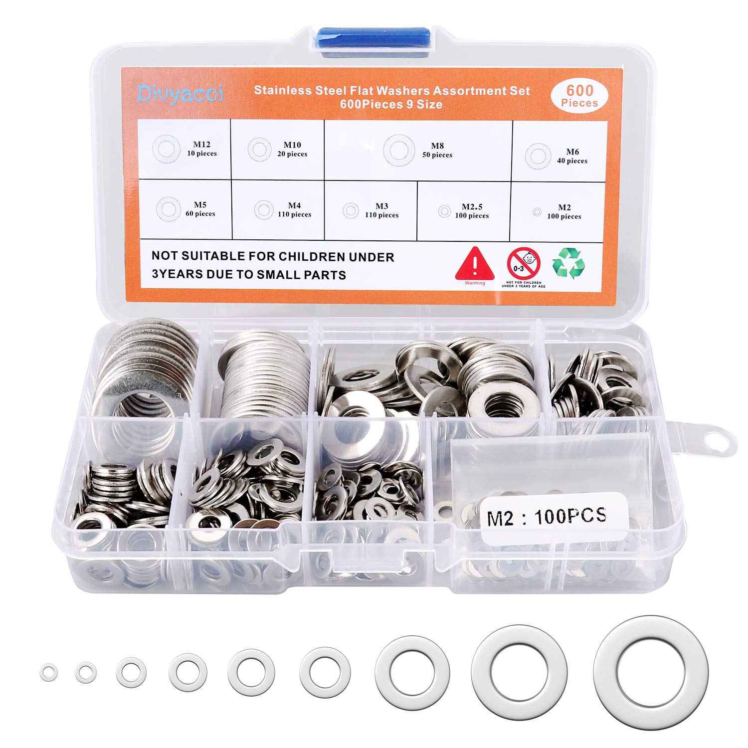 304 Stainless Steel Flat Washers Set, 600PCS Fender Washers Assortment Kit, 9 Sizes M2 M2.5 M3 M4 M5 M6 M8 M10 M12 Suitable for Handmade, Home Decoration, Factories Repair, Electrical Connections