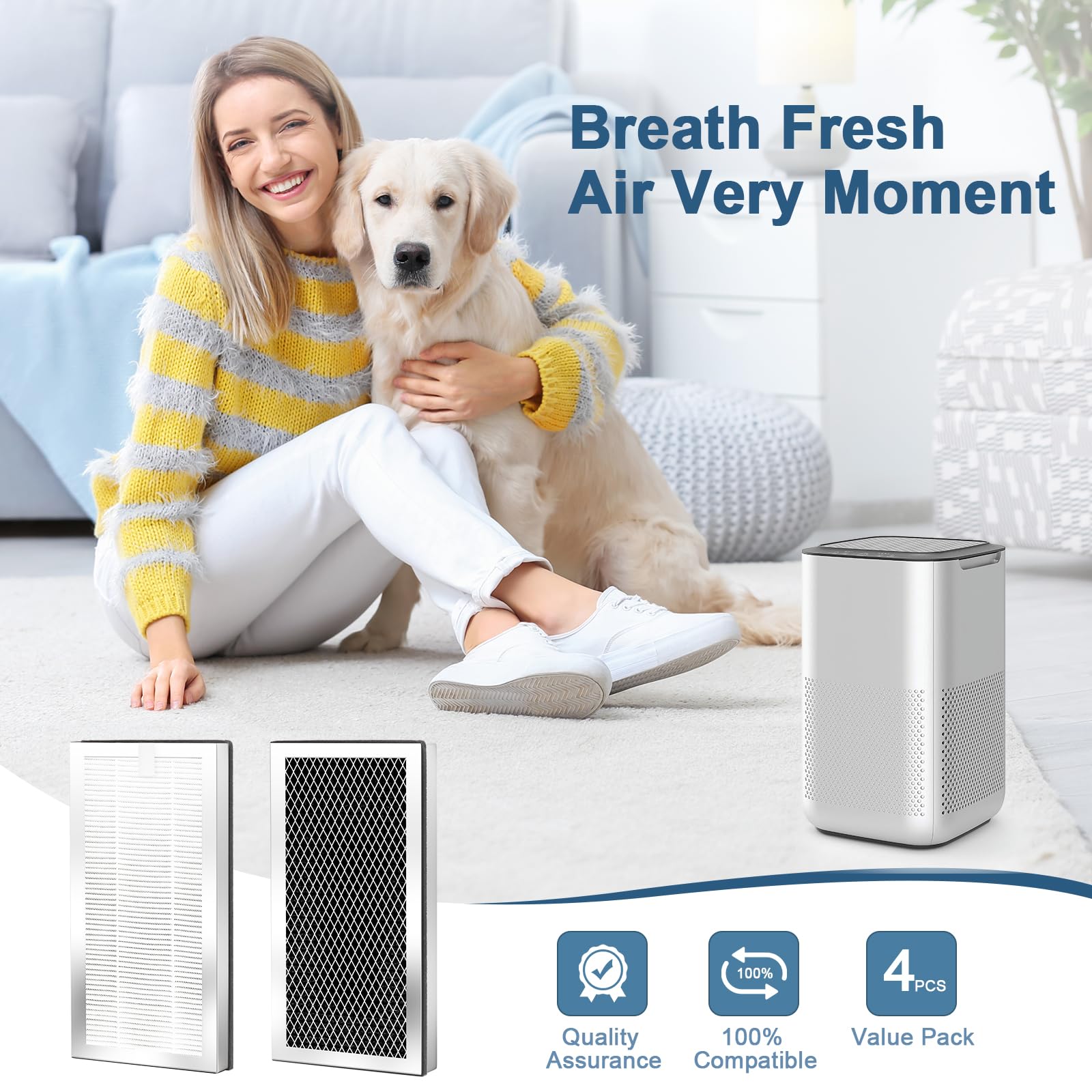 15 Air Purifier H13 HEPA Replacement Filter Compatible with 15 Replacement Filters, 3 in 1 of Pre-Filter, H13 Ture HEPA and Activated Carbon, 4 Pack
