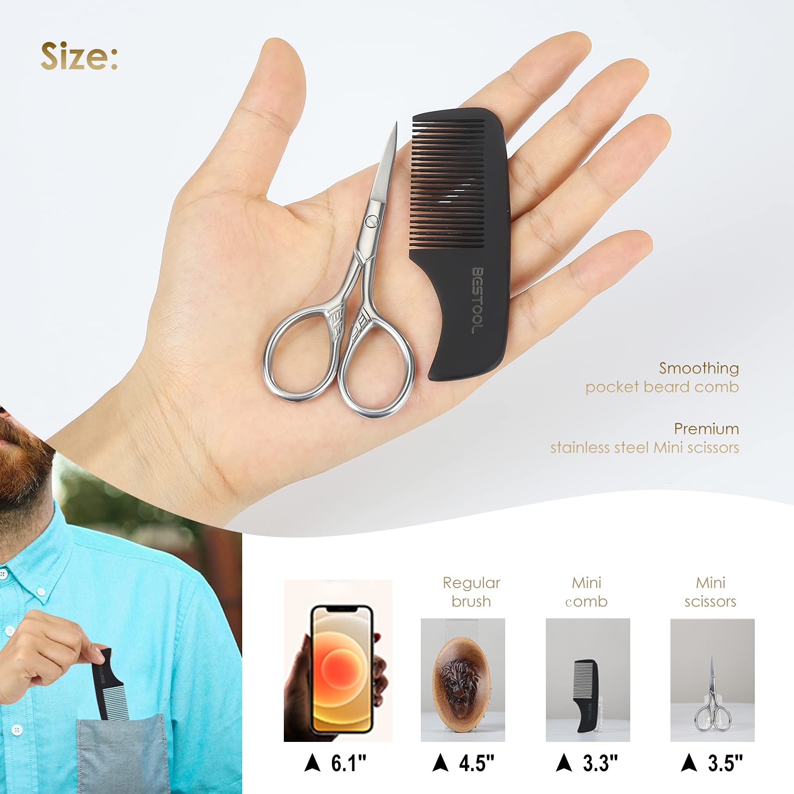 Beard Brush, BESTOOL Beard Brush Kit Boar Bristle Beard Brush for Men Wooden Mustache Brush for Daily Grooming Makes a Nice Gift for Men with Beard or Mustache