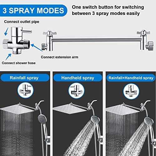 12"High Pressure Rainfall Shower Head with Handheld Spray Combo, Square Waterfall Shower Heads, 5Settings Chrome Showerhead Spray with Holder, 13"Adjustable Extension Arm, 59"Stainless Steel Hose