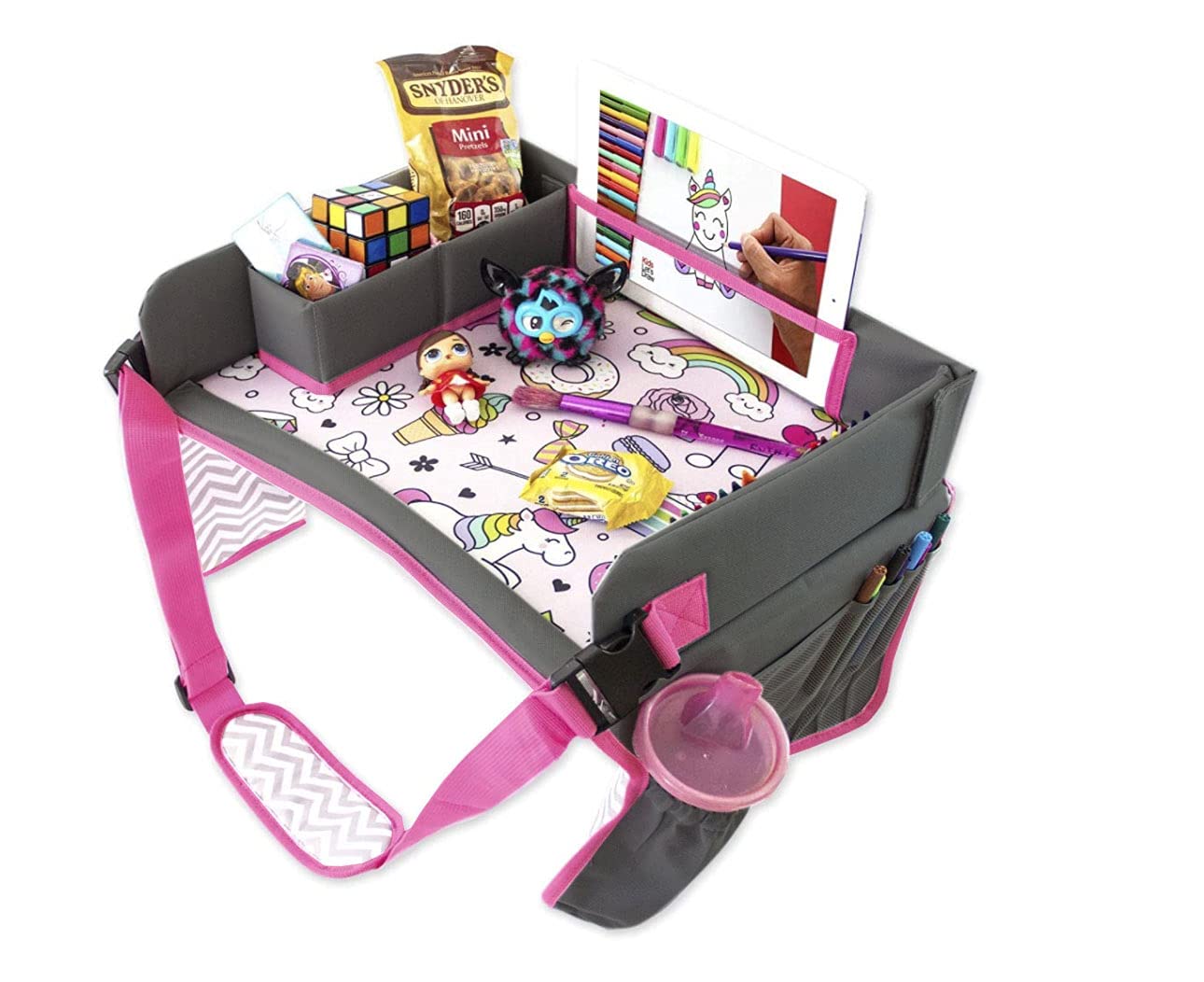 Thr33E Car Seat Kids Travel Tray - Travel Lap Desk Active Accessory for Child’s - Kids Tablet iPad Holder Stand Art Storage Pockets (Pink)
