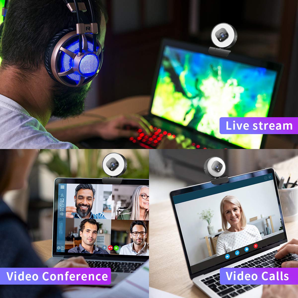 1080P Webcam with Ring Light and Dual Microphone, Advanced Auto-Focus, Adjustable Brightness, 2021 JETAKU Streaming Web Camera for Zoom Skype YouTube, PC Mac Laptop Desktop (Black)