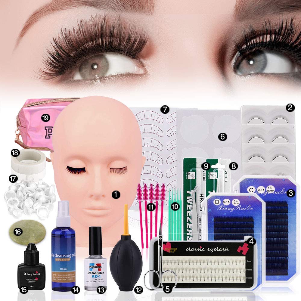 19pcs False Eyelashes Extension Practice Exercise Set, Professional Flat Mannequin Head Lip Makeup Eyelash Grafting Training Tool Kit for Makeup Practice Eye Lashes Graft White-with Glue