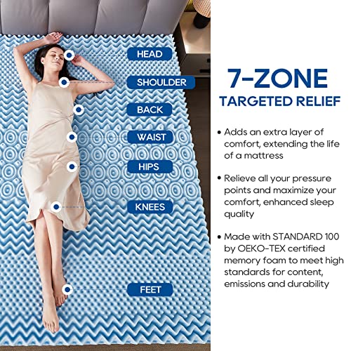 2 Inch 7-Zone Memory Foam Mattress Topper Queen with Bamboo Cover, Cooling Gel-Infused Swirl Egg Crate Memory Foam, Standard 100 by Oeko-TEX Certified, Blue