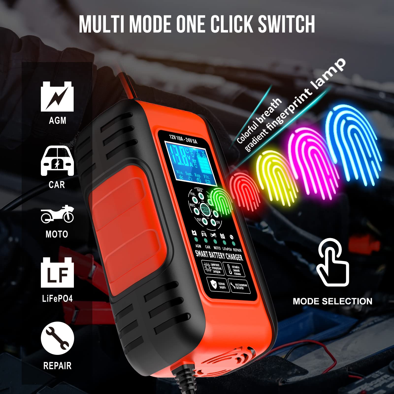 10A 12V/24V Trickle Charger, Smart Automatic Battery Automotive 7-Stage Charging Battery Maintainer with Pulse Repair Function, for Car Truck Motorcycle Lawn Mower Boat