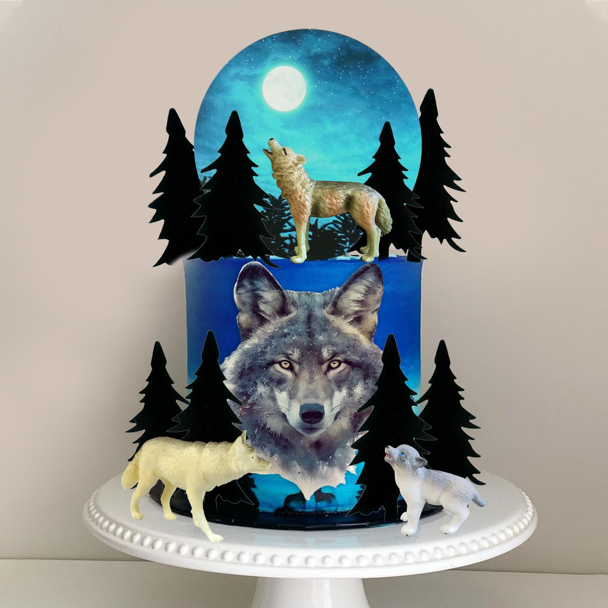 13 PCS Wolf Cake Topper Full Moon Cake Decor with Animal Figurine for Baby Shower Wolf Themed Wedding Birthday Party Supplies (Gray)