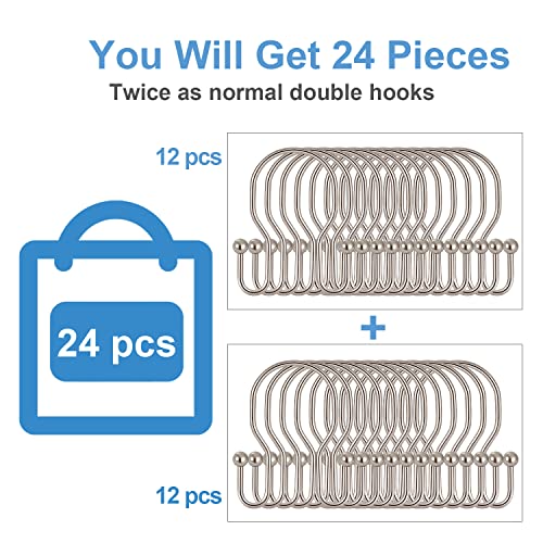 24 Pack Double Shower Curtain Hooks Rings, TENOVEL Double Sided Shower Curtain Hooks Rust Proof for Shower Curtain, Stainless Steel Bathroom Shower Hangers Rings for Shower Rods, Brushed Nickel