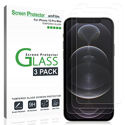 amFilm Glass Screen Protector Compatible for iPhone 12 Pro Max 6.7" Display, 2020, with Easy Installation Tray, Tempered Glass, 3 Pack
