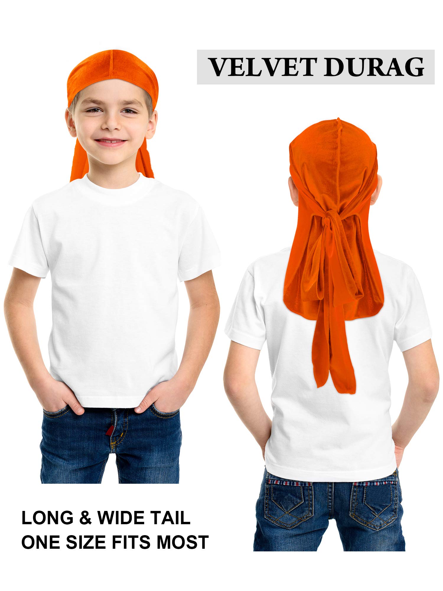 8 Pieces Velvet Baby Durags Kids Durag Caps 360 Wave Wide Strap Headwraps Long Tail Turban Beanies for Boys Girls
