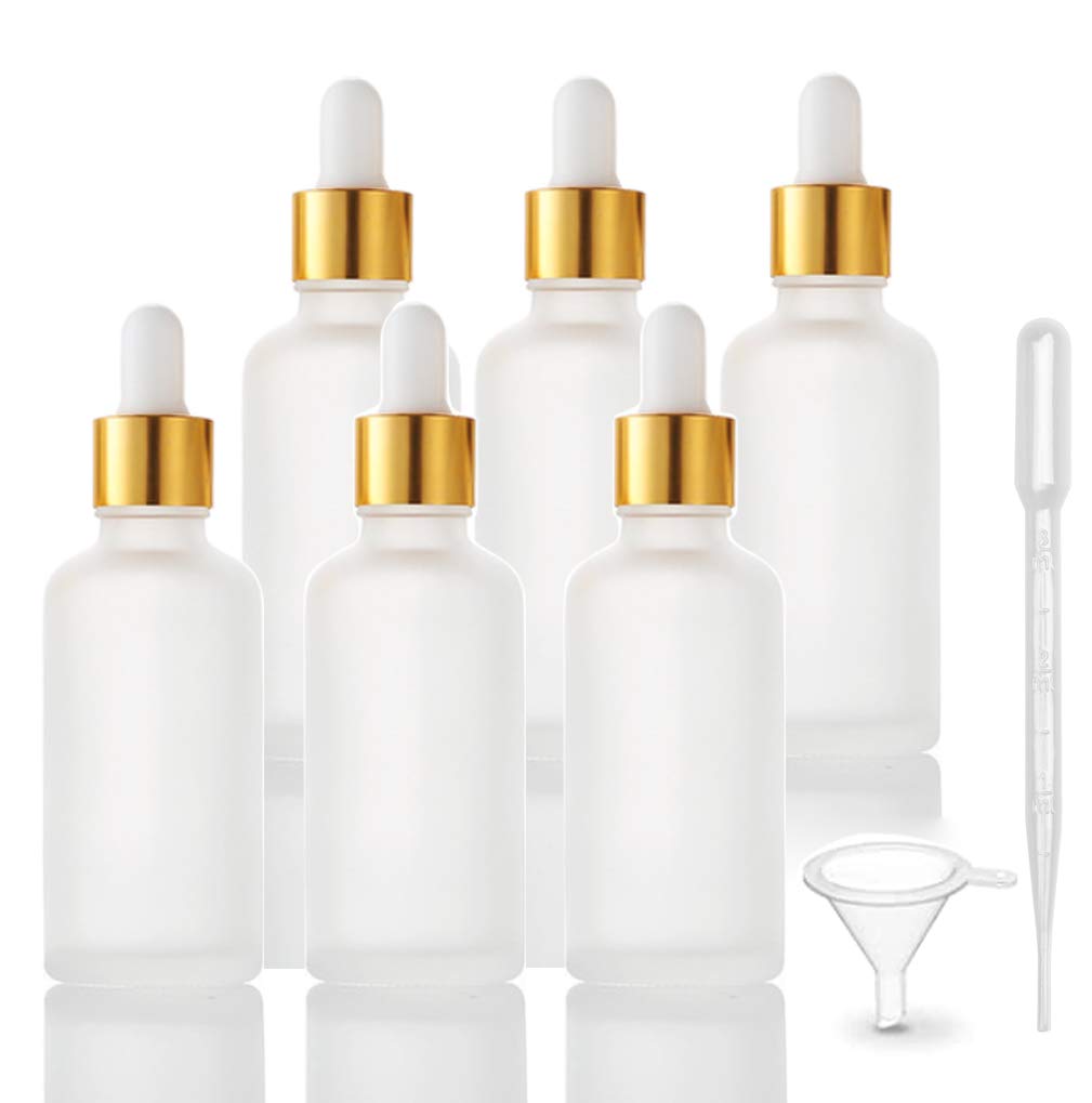 6 Pack,Frosted Glass Dropper Bottle for Essential Oils,Empty Glass Liquid Holder With Glass Eye Dropper,Golden Caps Travel Perfume Cosmetic Container-Pipette&Funnel included (50ml/1.7 fl oz)