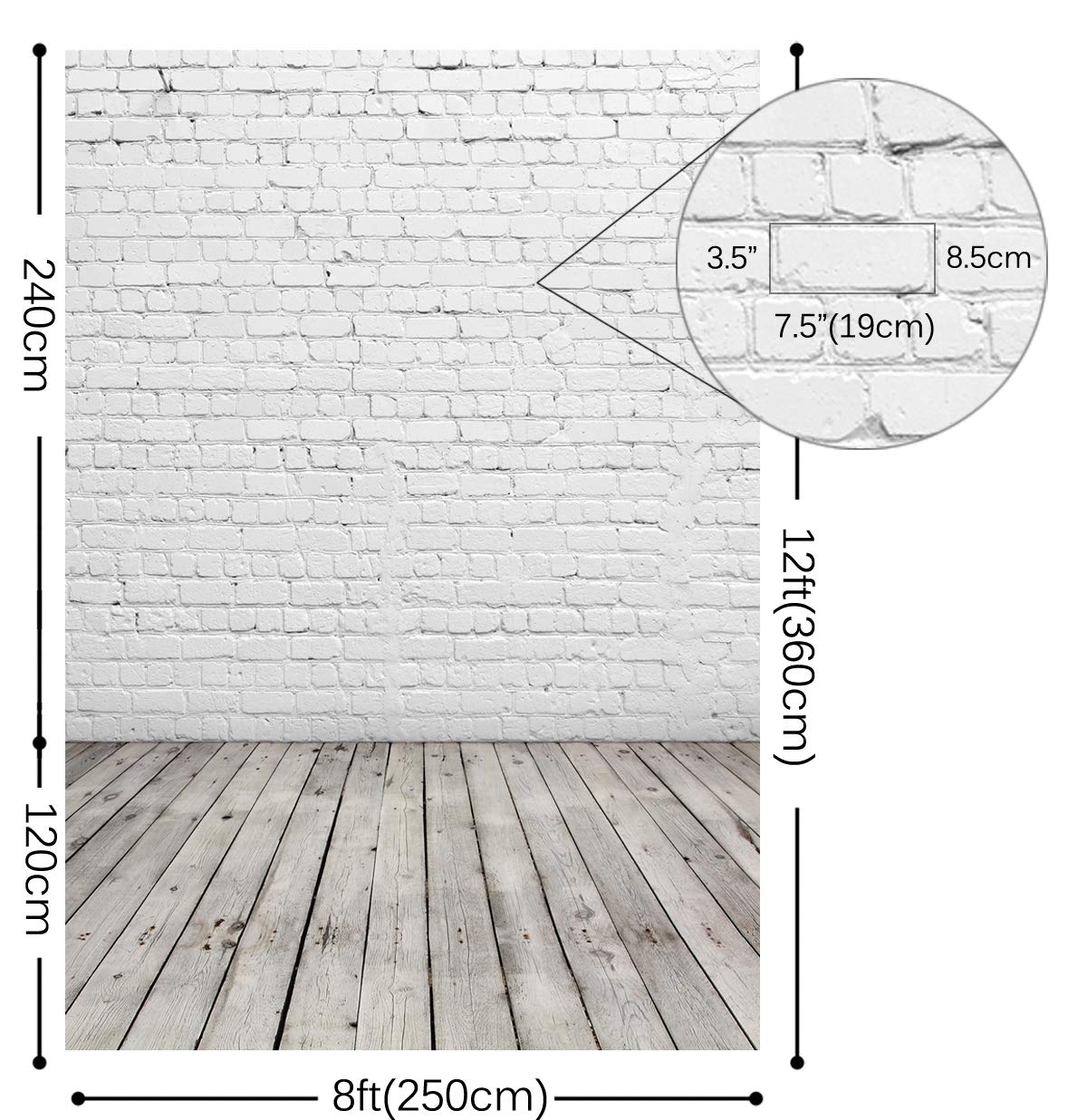 8'x12' White Brick Wall with Gray Wooden Floor Photography Backdrop Vinyl Background for Pictures D-2504