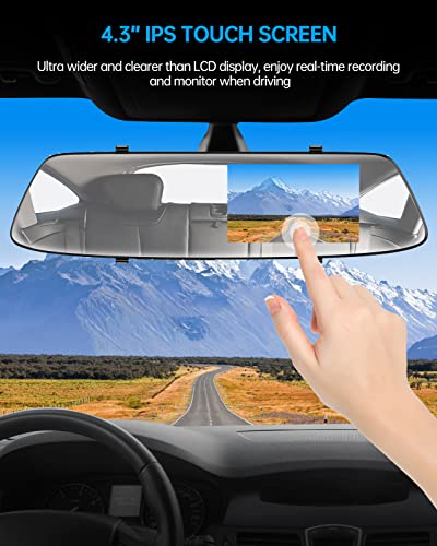 1080P Mirror Dash Cam 4.3in Touch Screen, Front and Dash Waterproof Backup Camera Rear View Camera, Parking Assistance, Loop Recording, G-Sensor, Monitor, Free 64GB Memory Card