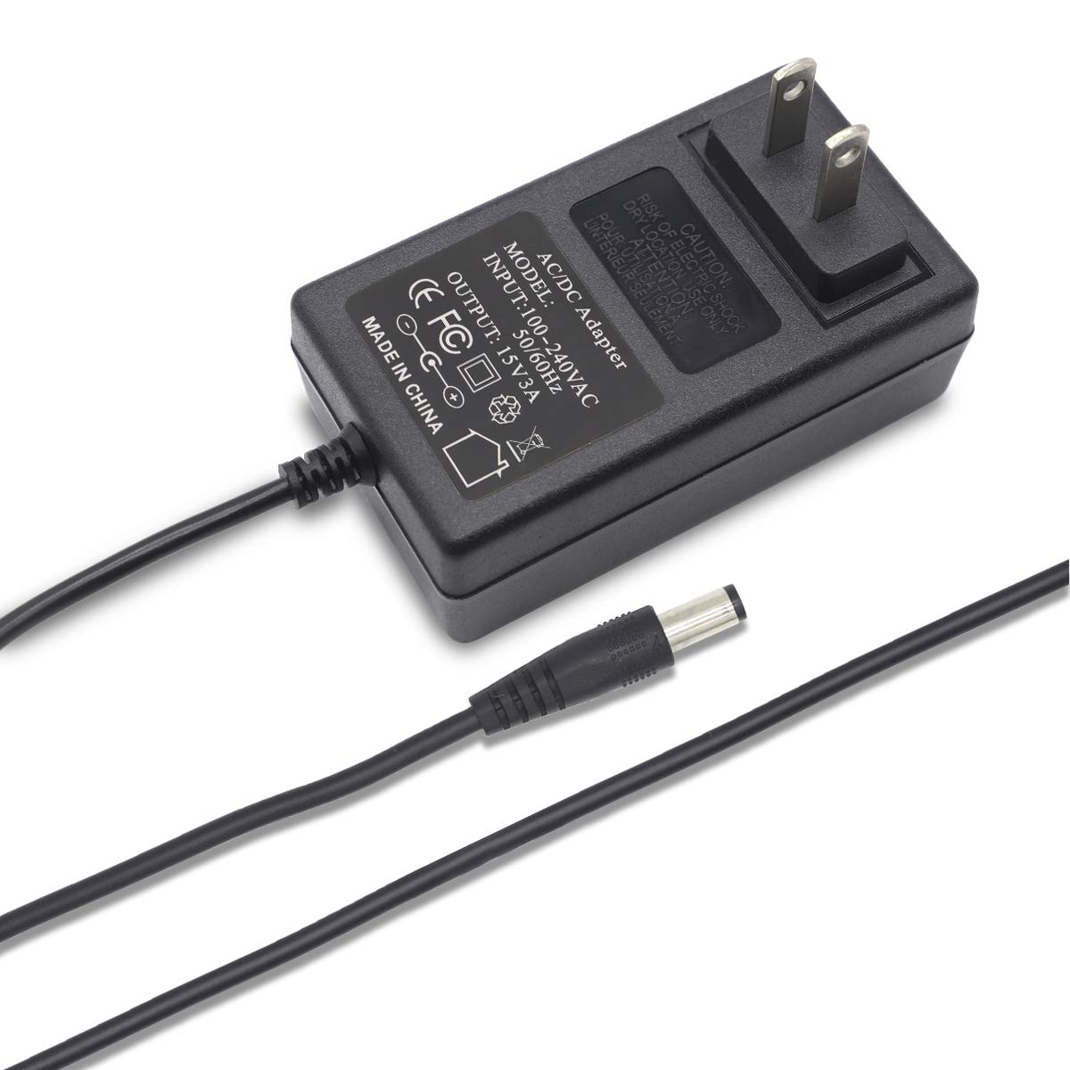15V 3A Power Supply Adapter Charger Switching Converter Adapter, Input AC 100V-240V, Output DC 15 Volt 3 Amp 45 Watt, Round Barrel Plug 5.5mm x 2.1mm & 2.5mm Tip Center Positive, 6ft Long Cord
