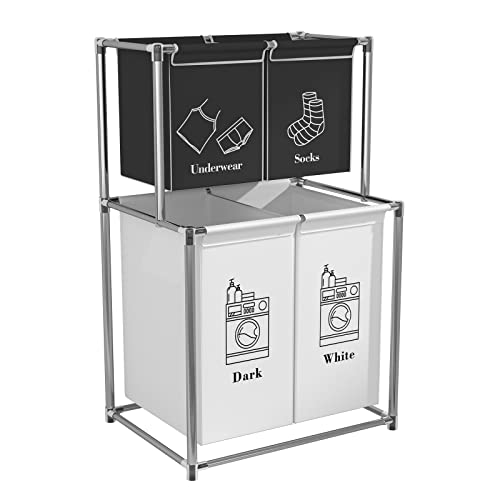 2-Tier Vertical Laundry Sorter with 4 Removable Bags, 4 Section Laundry Basket Organizer Hamper for Laundry Room, Small Space and Closet