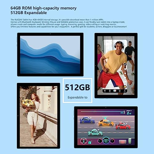 2 in 1 Tablet 10.1 Inch, Android 11.0 Tablet with Keyboard Case, 4GB+64GB ROM/1TB Computer Tablets, Quad Core, HD Touch Screen, Dual Carema, Games, Wi-Fi,BT, Google GMS Certified (Night Blue)