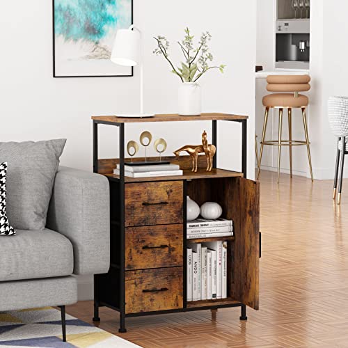 4-Tier Storage Shelf Unit with 3 Drawers, 2 Tiers Shelves Wood Floor Cabiet with Sturdy Frame