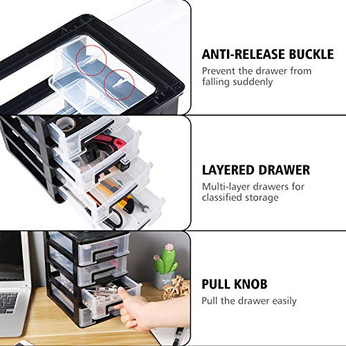 BESPORTBLE Drawer Storage Four Layer Plastic Drawer Organizer Shelf Storage Rack Storage Box for Office Bedroom Home (Black and Transparent)