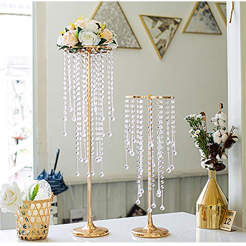 29.5in Gold Wedding Centerpieces for Table, 2Pcs Tall Vases Wedding Centerpieces with Sparkling Crystal Beads, Metal Flower Stand for Wedding Reception Birthday Party Events Home Decor