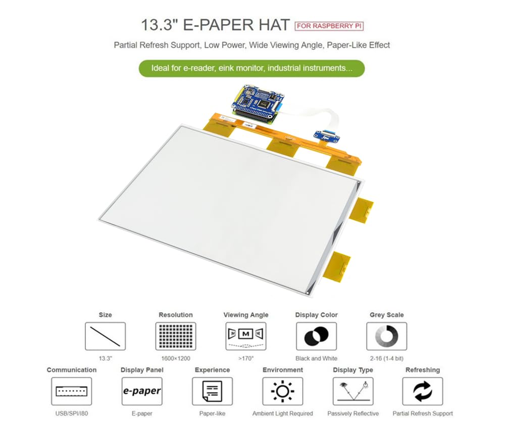 13.3inch e-Paper e-Ink Display HAT for Raspberry Pi Resolution 1600×1200 Black/White 16 Grey Scales USB/SPI / I80 Partial Refresh Support @XYGStudy