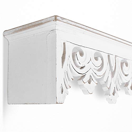 American Art Decor Hand-Carved Wooden Floating Wall Shelf - White (30”)