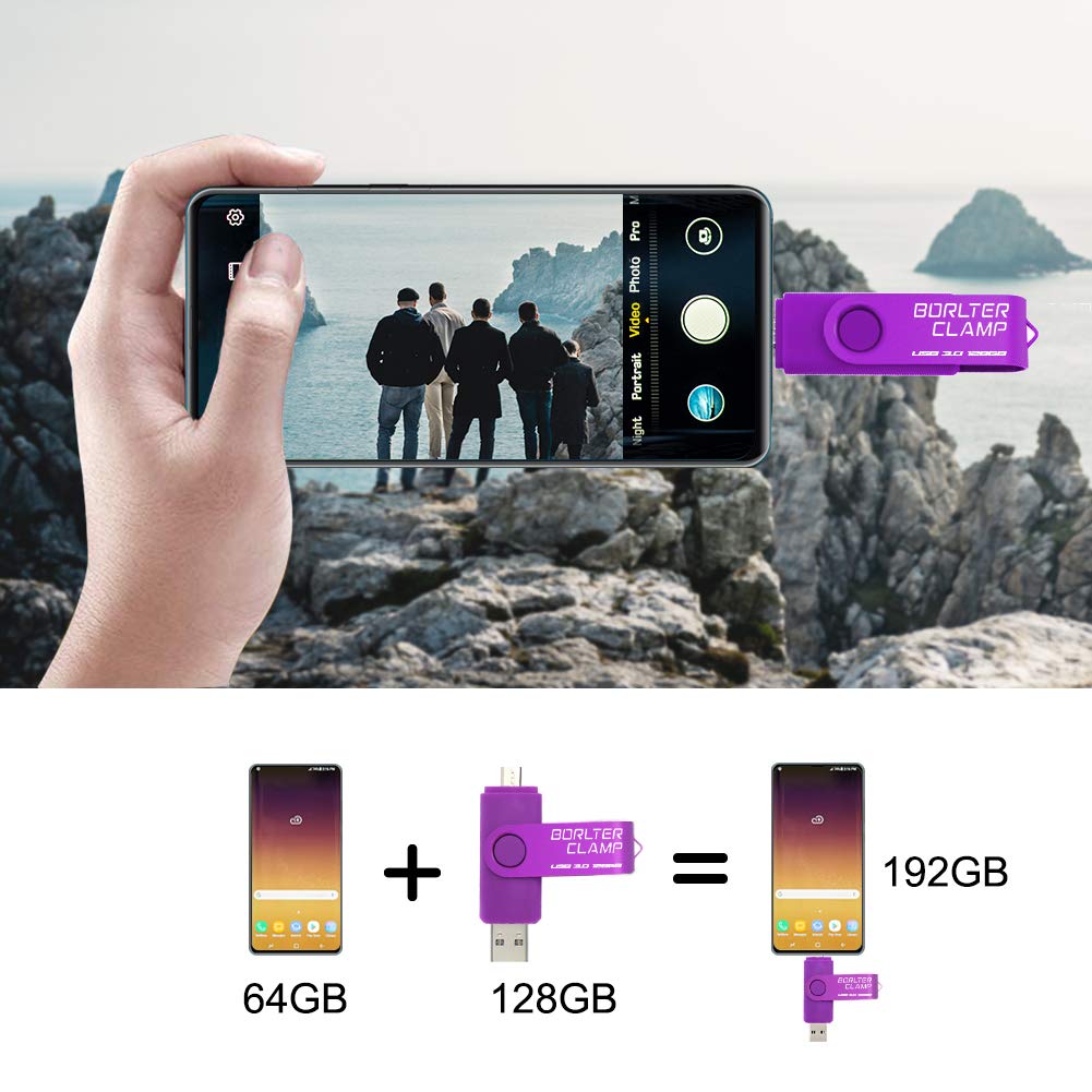 BorlterClamp 128GB USB 3.0 Flash Drive Dual Port Memory Stick, OTG Thumb Drive with Micro USB Drive Port for Android Smartphone Tablet & Computer (Purple)