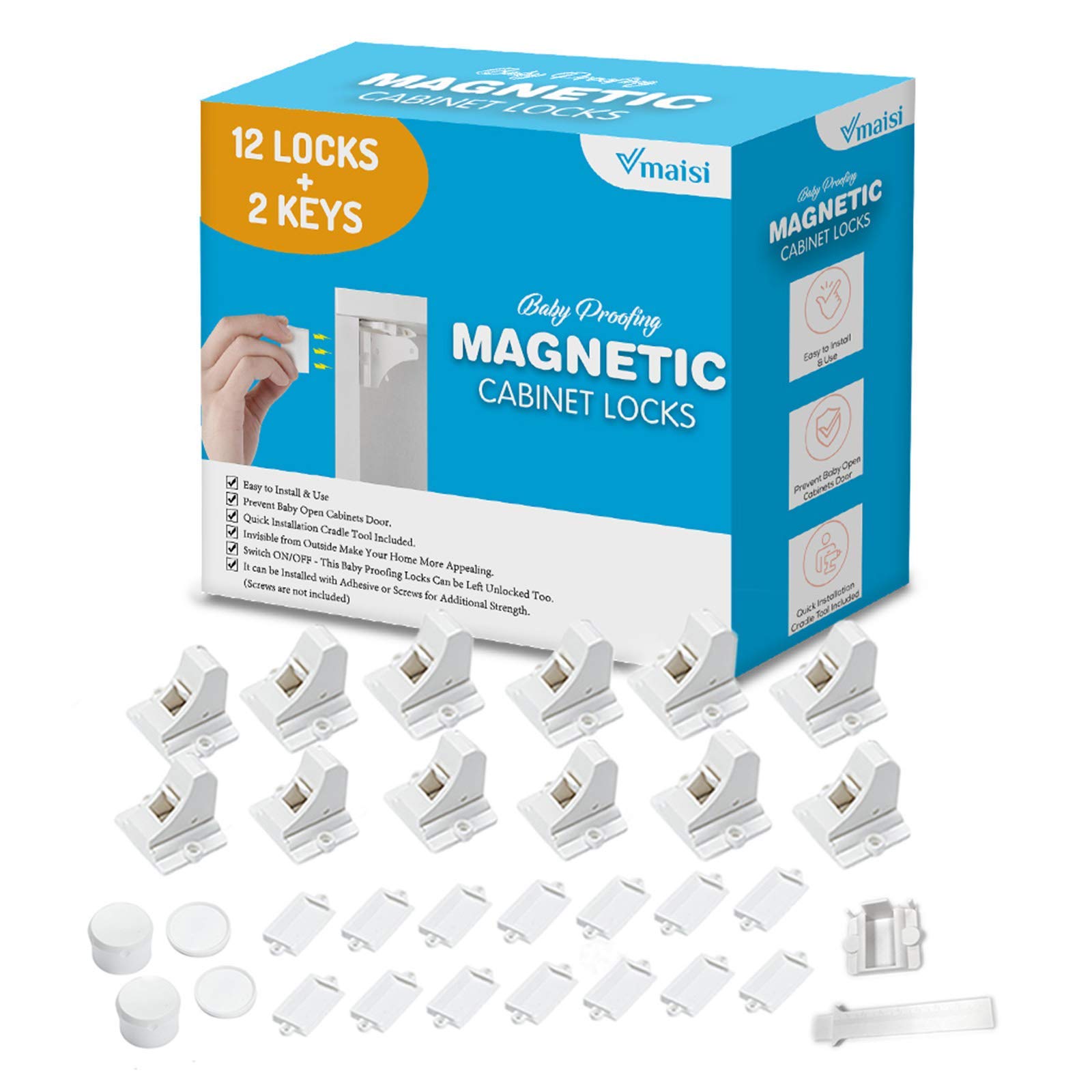 24 Locks + 4 keys - 12 Pack White Magnetic Cabinet Locks Bundle with 12 Pack Blue Magnetic Cabinet Locks