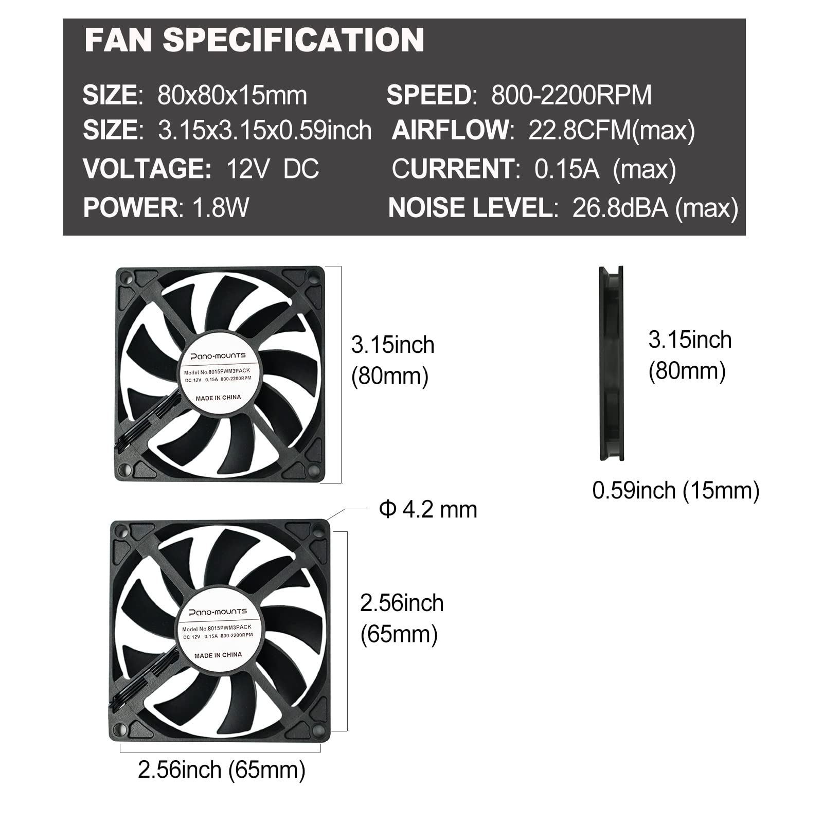 80mm Slim Quiet Computer Fan 12V 80mm x80mm x15mm Silent PC Fan 4Pin PWM for Computer PC Case Mini- ITX Builds EVGA GPU CPU Cooler Radiator Cooling Fan 800-2200RPM 3-Pack