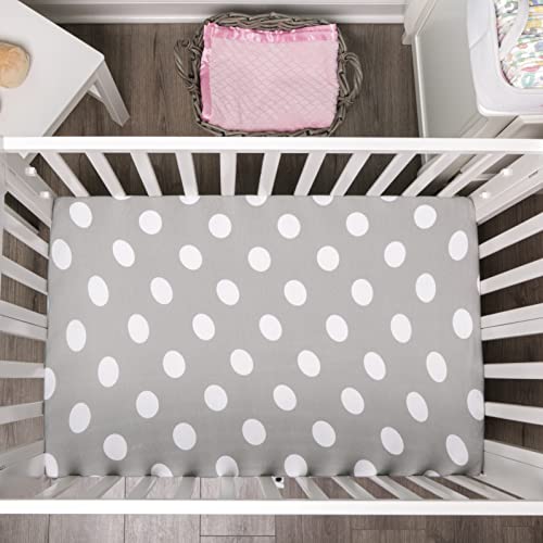 2 Pack n Play Mattress Sheets – 100% Jersey Knit Cotton Soft Portable Crib Mattress Sheets for Girls with Pink Heart and Gray Polka Dot Design; 2 Pc Playpen Mattress or Mini Crib Sheet Fitted Set