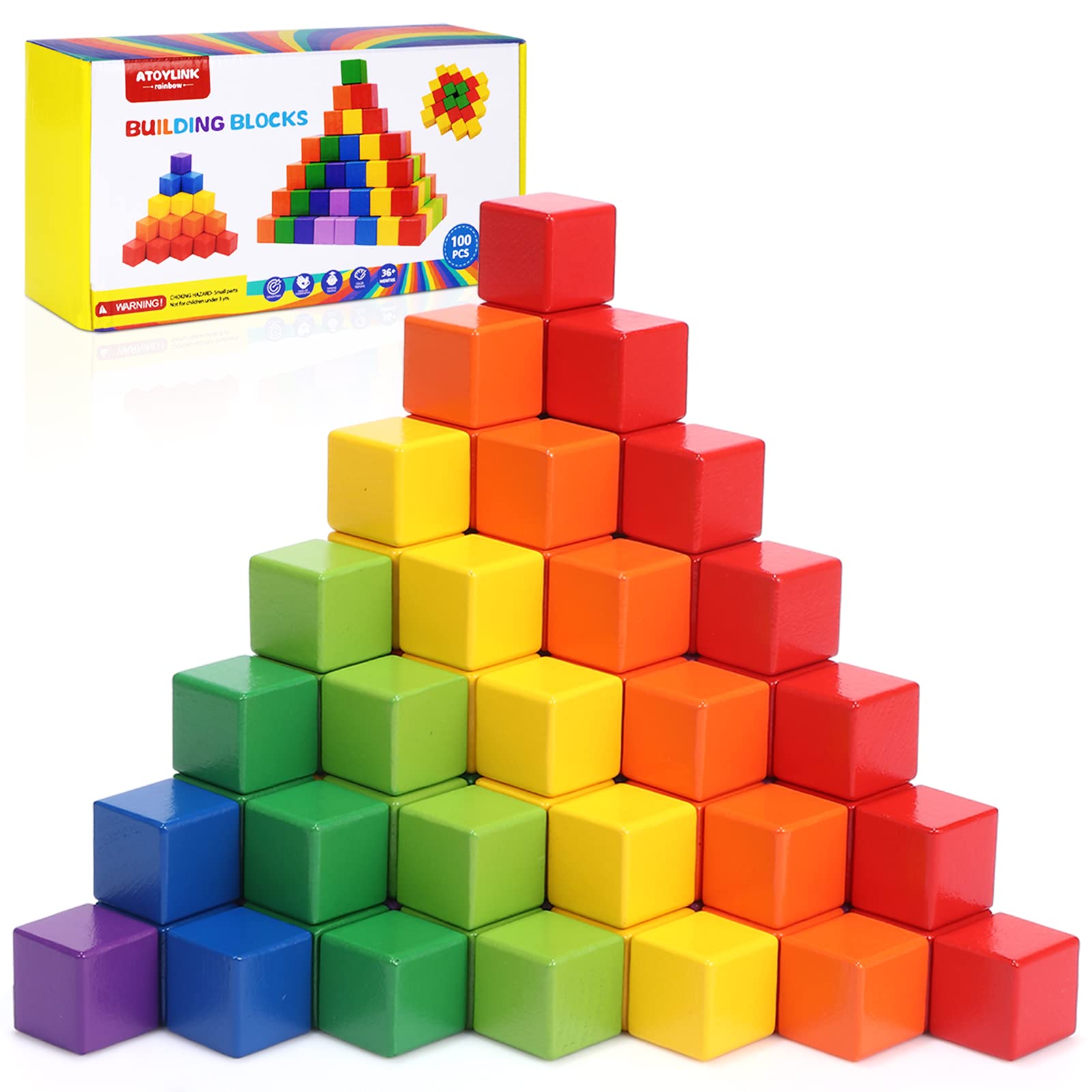 100PCS Wooden Building Blocks Stacking Game 1 Inch Rainbow Cubes Blocks Set Preschool Learning Educational Toys for Toddlers Boys Girls