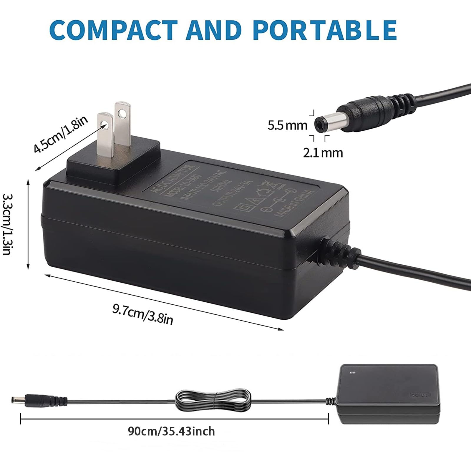 24V 3A Power Supply Adapter,100-240V AC to DC 24Volt 3A 72W Power AC/DC Adapter 5.5mm x 2.1mm DC Output Jack DC Power Supply Wall Plug for 5050 3528 LED Strip Light LED Driver CCTV Security System