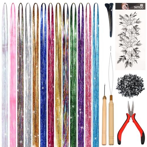 SYGY 13 Colors Tinsel Extensions Kit for Women, Girls - Heat Resistant Glitter Sparkling Shiny Synthetic Strands for Halloween Cosplay