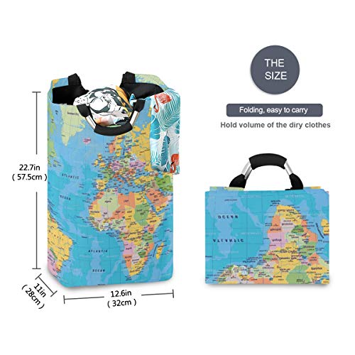 Baofu World Map Laundry Hamper Large Dirty Foldable Clothes Bags Waterproof Durable Lightweight Oxford Round Collapsible Storage Basket Organization with Handles for Home Bathroom Bedroom