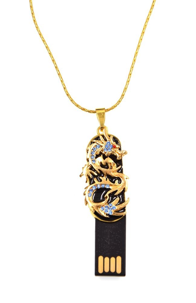 32GB USB Flash Drive Lovely Golden Dragon Thumb Drive with Crystal Pendant with Necklace USB 2.0 Memory Stick Pendrive by FEBNISCTE