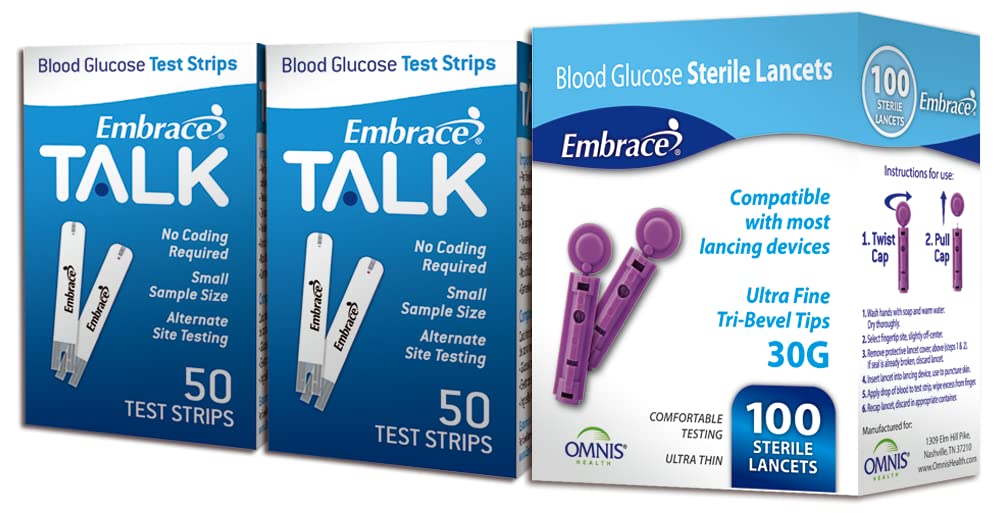 100ct Embrace Talk Blood Glucose Test Strips Includes 100 Lancets