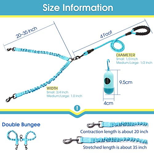 BAAPET Double Dog Leash, 4 FT Rope Dog Leash with Tangle Free Shock Absorbing Bungee and Poop Bags for Dual Small Medium Large Dogs (Medium/Large, Blue)