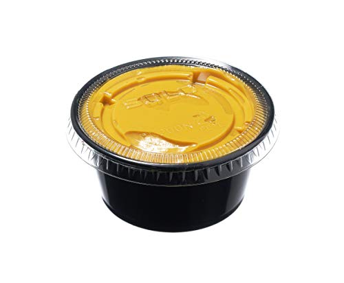 2 Oz Leak Proof Black Plastic Condiment Souffle Containers with Lids - Plastic Black Portion Cups with Plastic Lid Perfect for Sauces, Samples, Slime, Jello Shot, Food Storage (2 Ounce) (125)