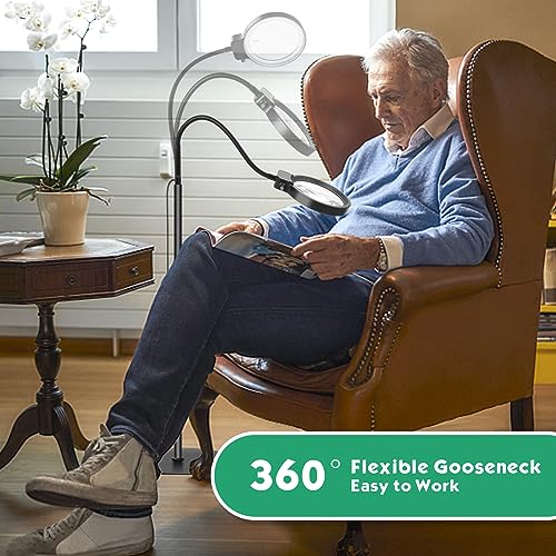 10X 5X Floor Magnifying Glass with Light and Stand,36 LED Flexible Gooseneck Magnifying Lamp, Adjustable Brightness Large Lighted Magnifiers for Reading,Sewing,Crafts,Painting,DIY,Close Work,Repair
