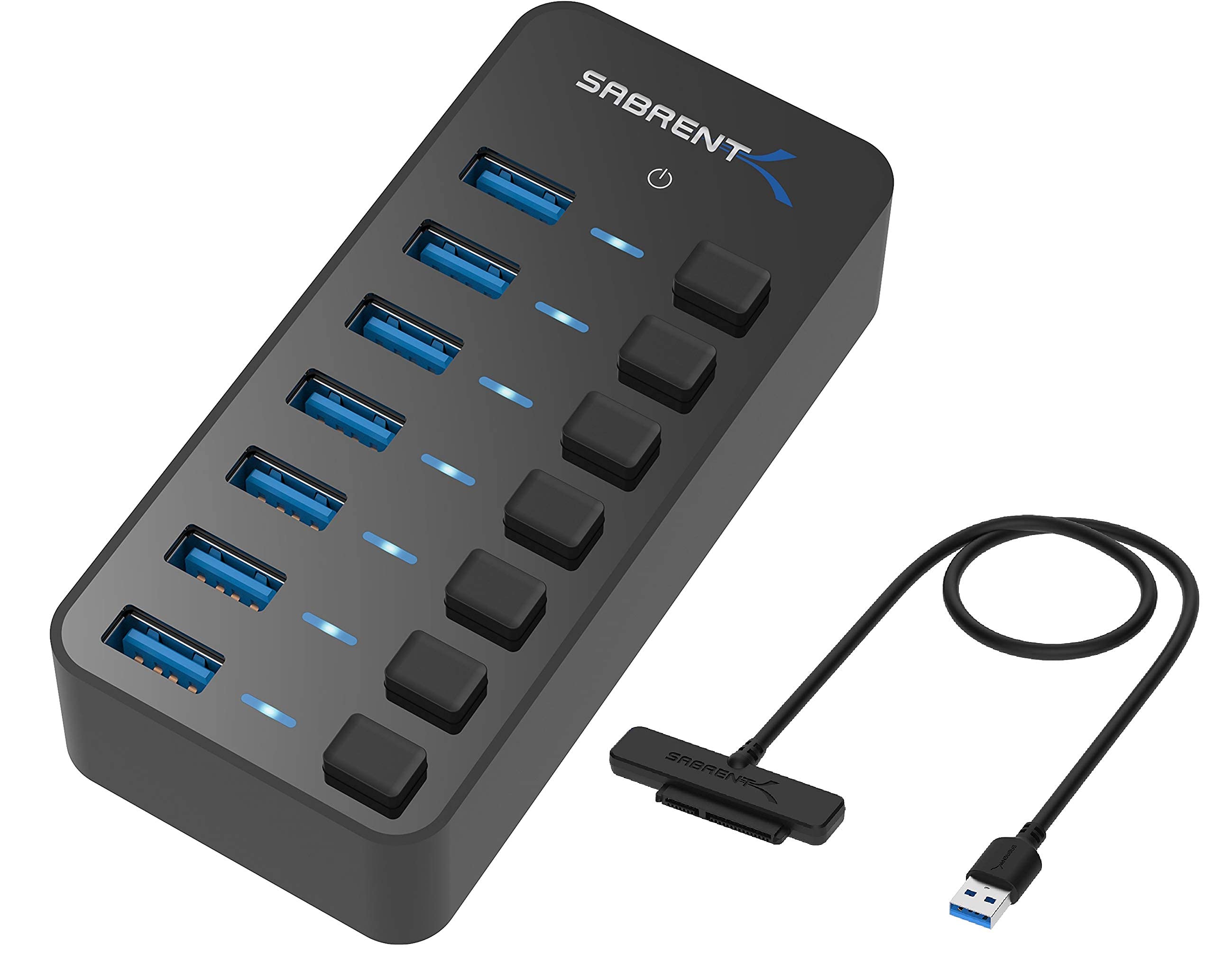 7 Port USB 3.0 Hub with Individual Power Switches and LEDs Includes 36W 12V/3A Power Adapter+USB 3.0 to SSD / 2.5 Inch SATA I/II/III Hard Drive Adapter