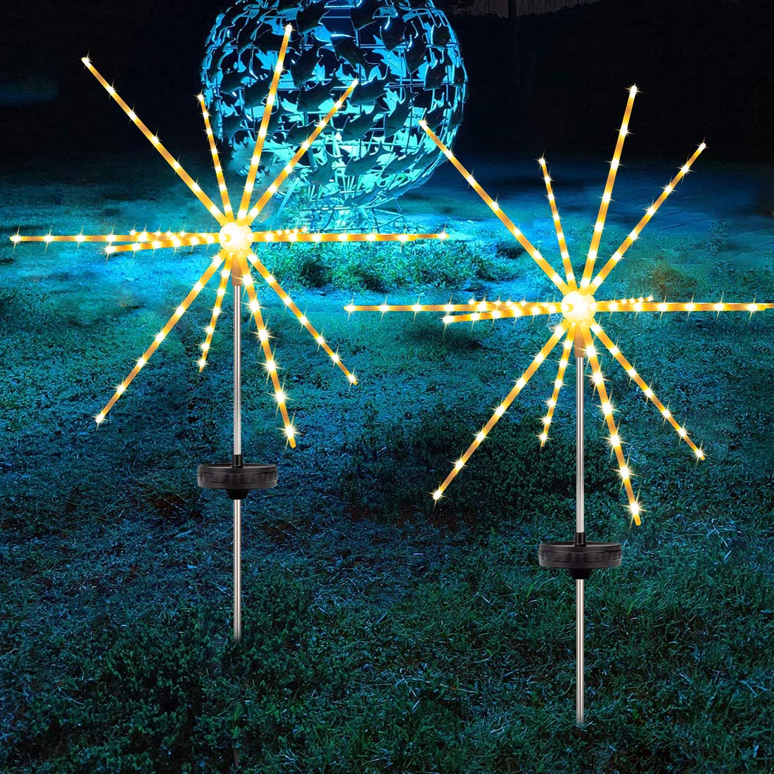 2 Pack Outdoor Home Decor Solar Powered Flowers Firework Lights with Remote Waterproof DIY 14 Copper Wire Dimmable Auto ON-Off 112 LED Lights for Garden Patio Yard Pathway Lawn Party (2, Warm White)