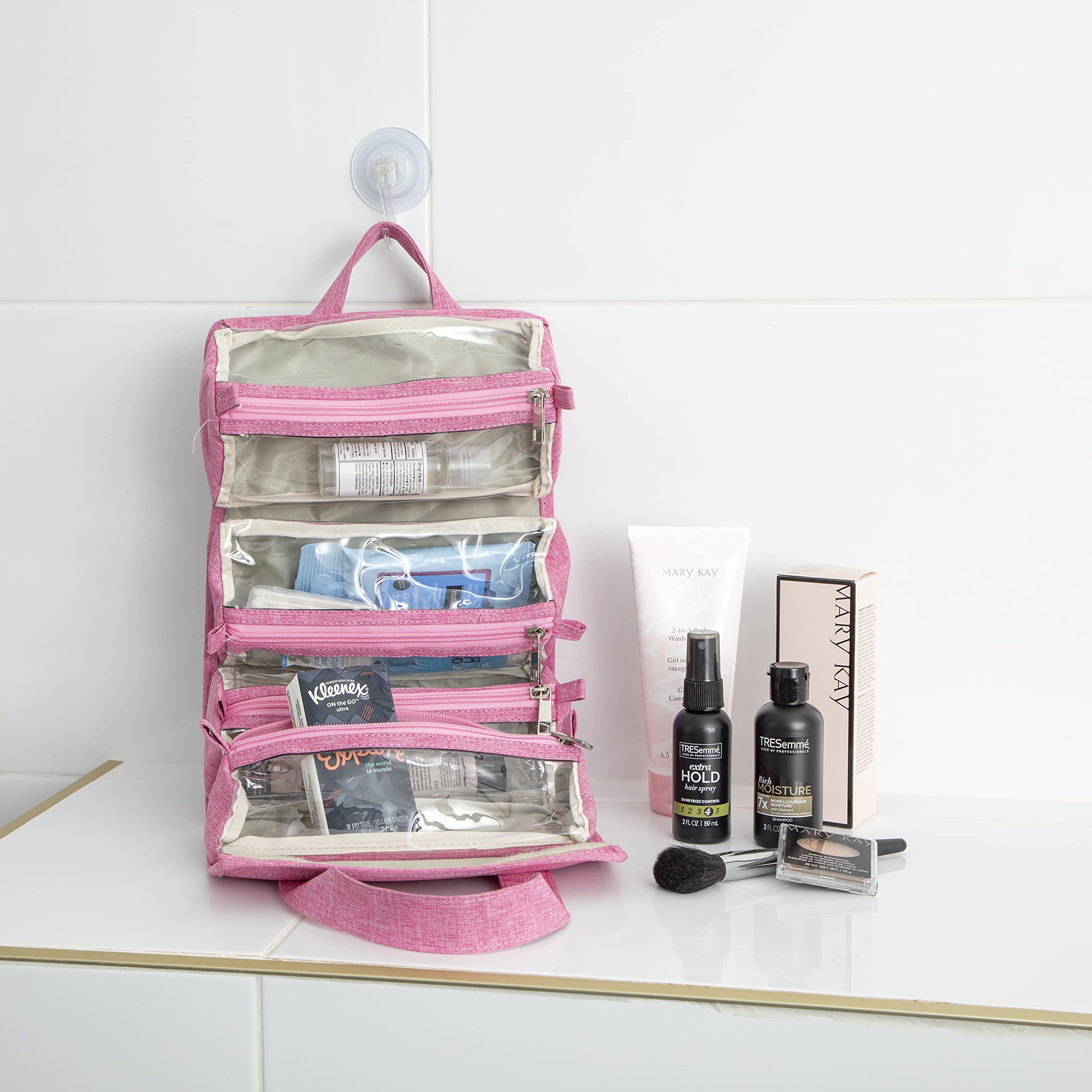 A F 4-in-1 hanging Toiletry bag | Roll-up makeup organizer with 4 detachable PVC zip pouches| travel toiletry bag, 600D oxford fabric material organize Make up , Cosmetics, Pink