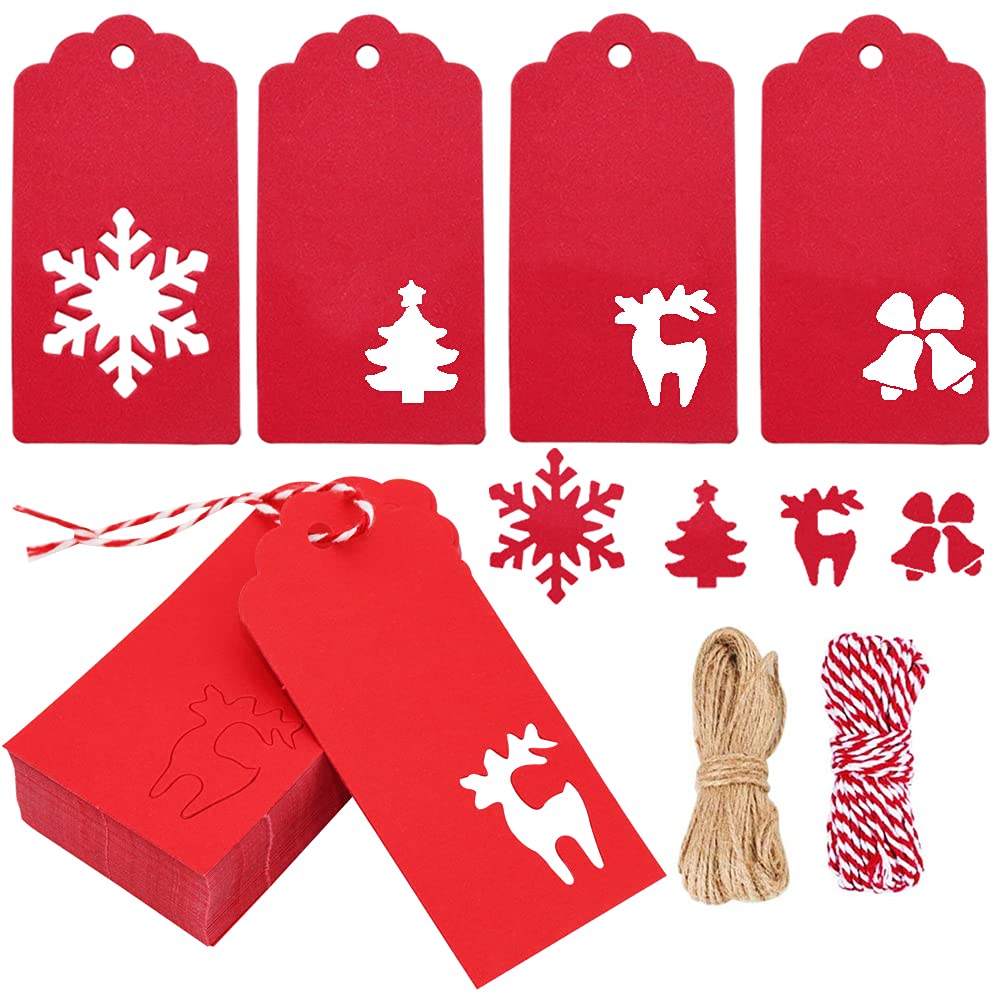 120PCS Christmas Gift Tags Red Kraft Paper Snowflake Reindeer Christmas Gift Tags Hanging Labels with 32.8 Feet Jute Twine String for Christmas Holiday Present Wrap, DIY Arts and Crafts, Wedding